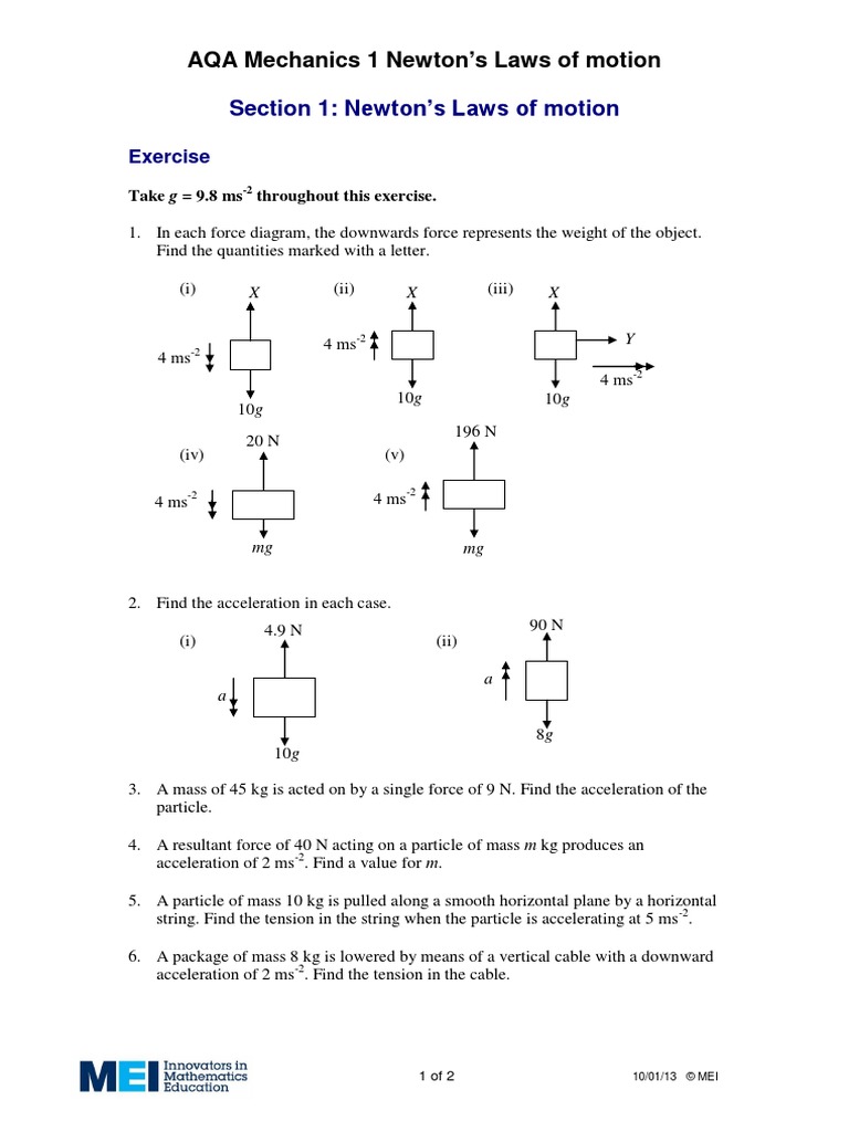 AQA M1 Newton's Laws Exercises | PDF | Tension (Physics) | Mass