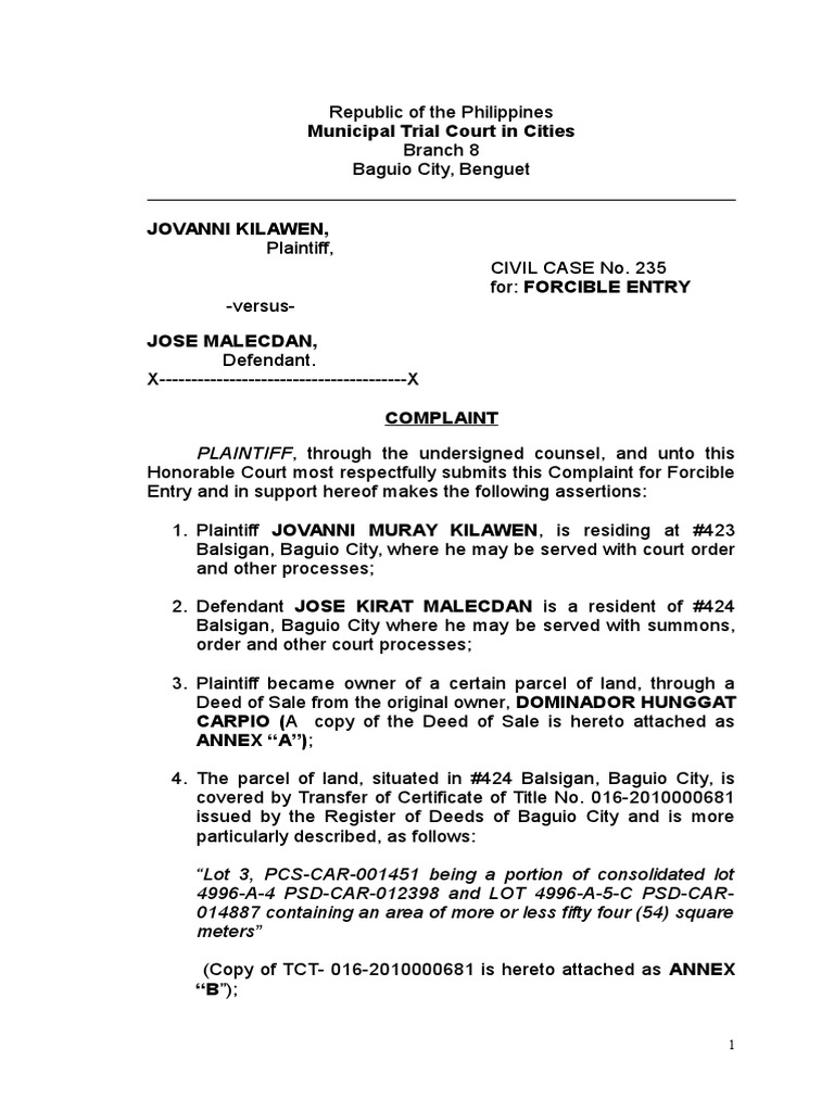 Complaint Forcible Entry | PDF | Lawsuit | Legal Concepts