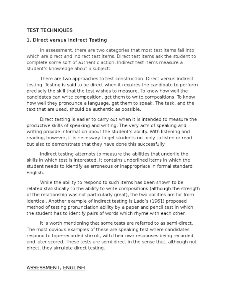 Test Techniques 1. Direct Versus Indirect Testing: Assessment English ...
