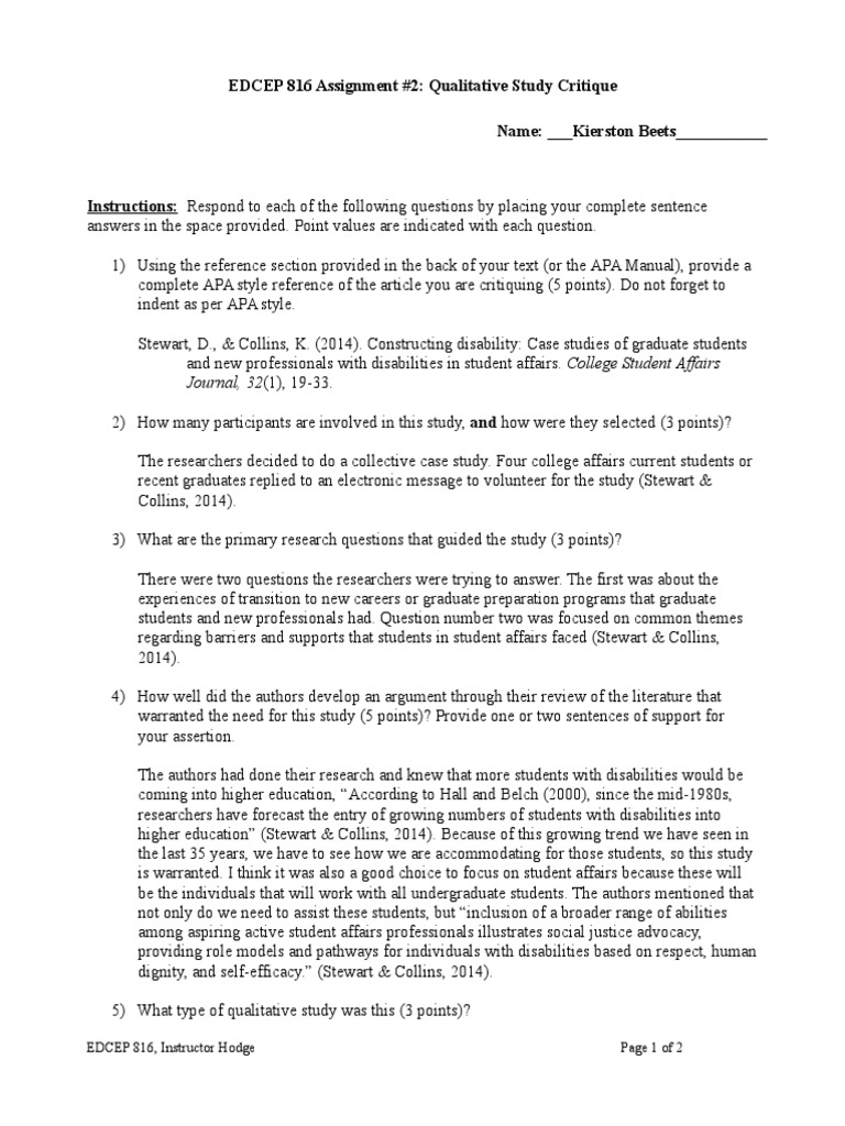 Qualitative Article Critique Assignment | PDF | Disability ...