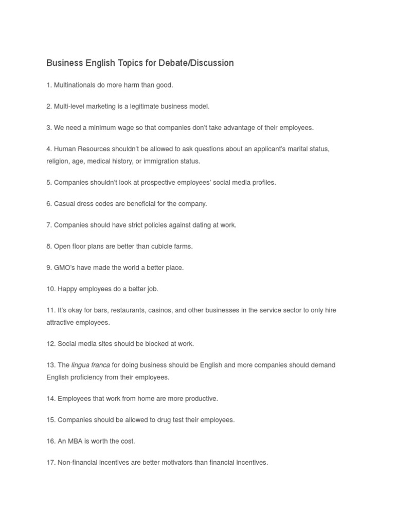 Business English Topics For Debate-Discussion | PDF | Social Networking ...