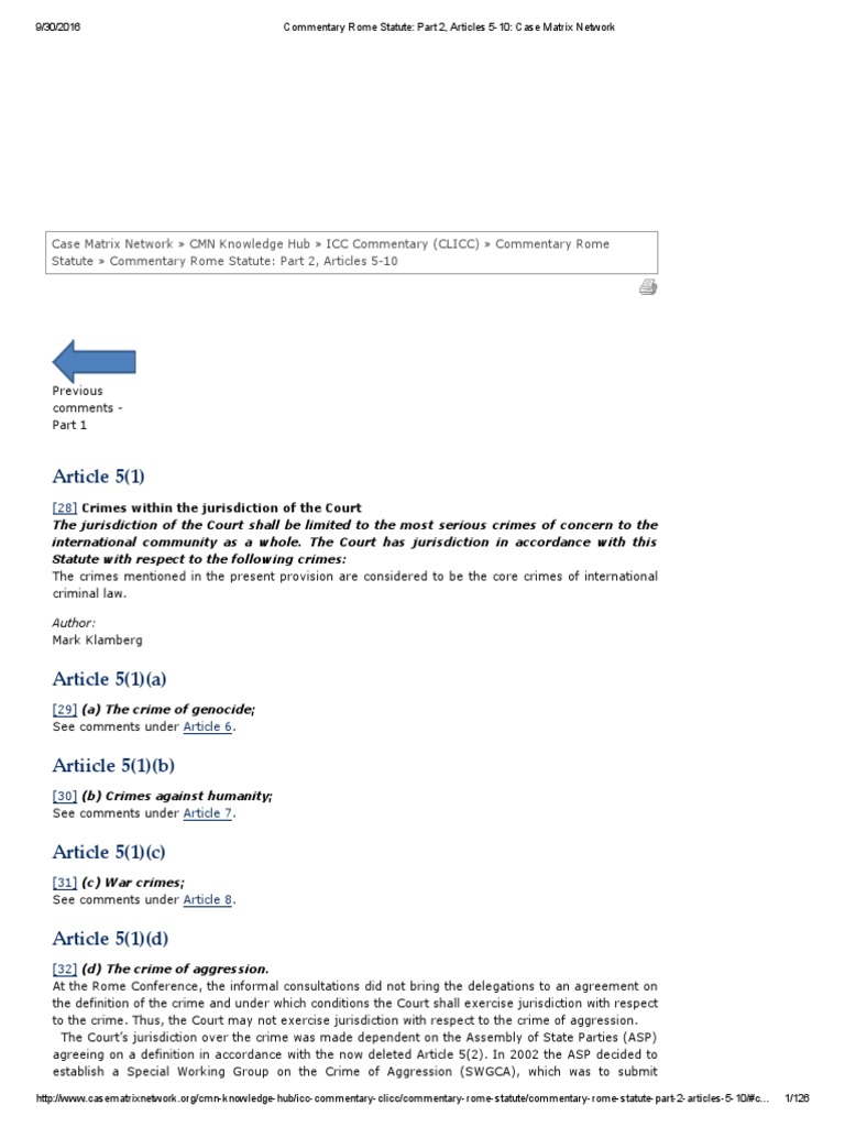 Commentary Rome Statute - Part 2, Articles 5-10 - Case Matrix Network | Download Free PDF ...