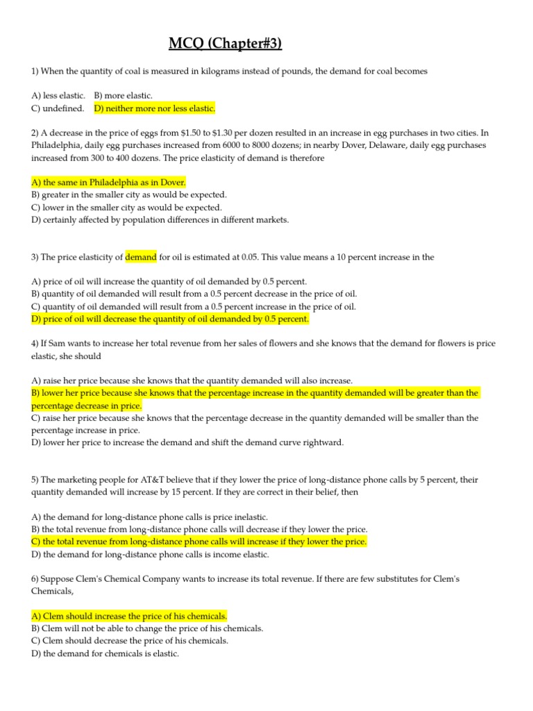 Chapter 3 MCQ | PDF | Demand | Price Elasticity Of Demand