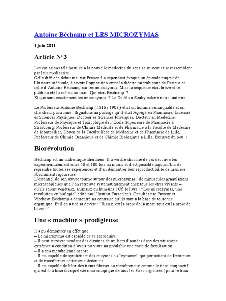 Antoine Béchamp et LES MICROZYMAS.docx | Louis Pasteur | Cellule (Biologie)