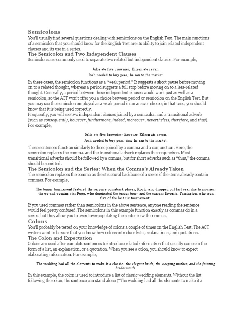 Semicolons: The Semicolon and Two Independent Clauses | PDF | Comma ...