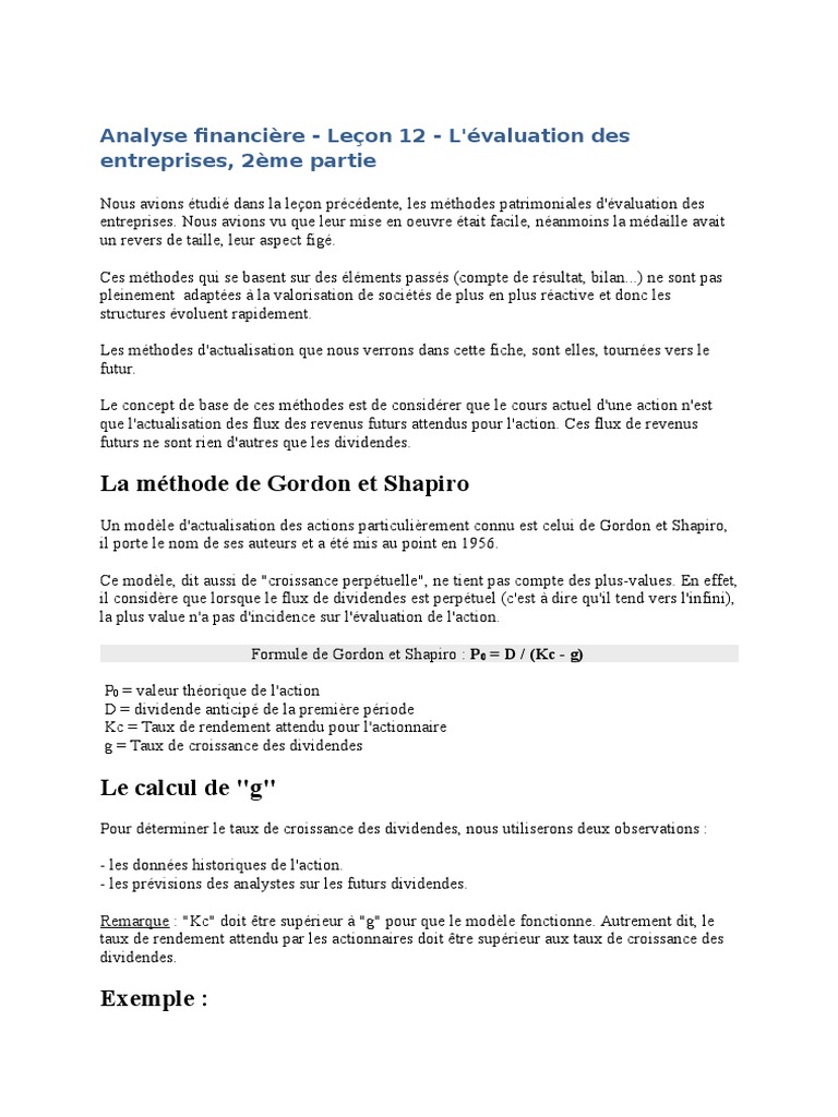Modèle de Gordon et Shapiro expliqué | PDF | Titres de participation ...