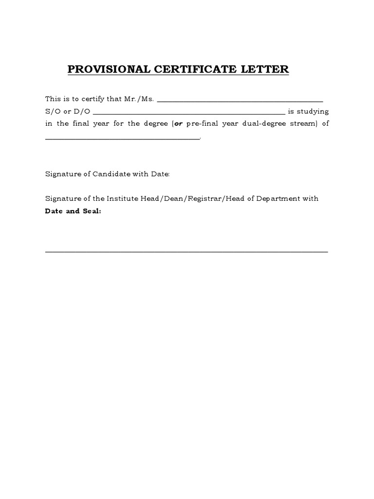 Provisional Certificate Form | PDF