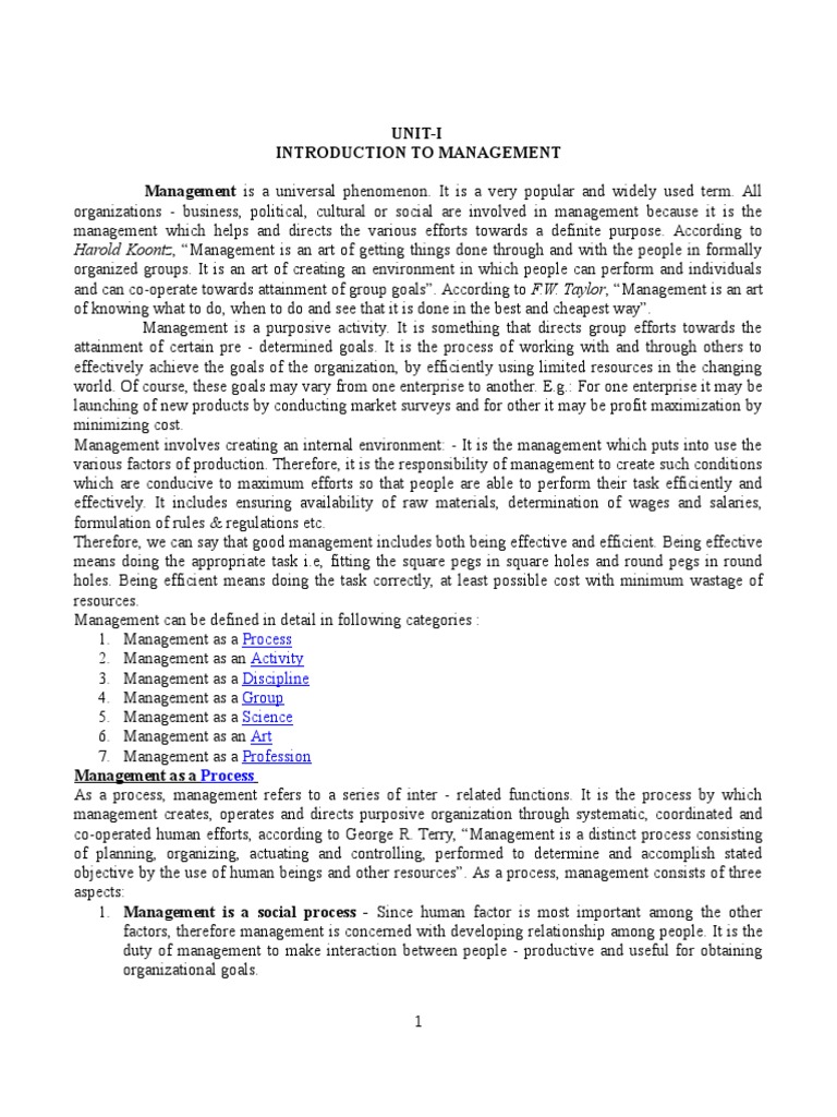 Unit-I Introduction To Management Management Is A Universal Phenomenon ...