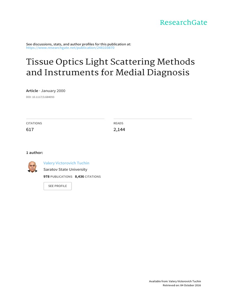 Tissue Optics Light Scattering Methods and Instrum | PDF | Scattering ...