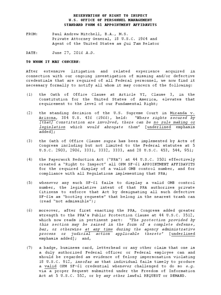 Reservation of Right To Inspect U.S. Office of Personnel Management ...