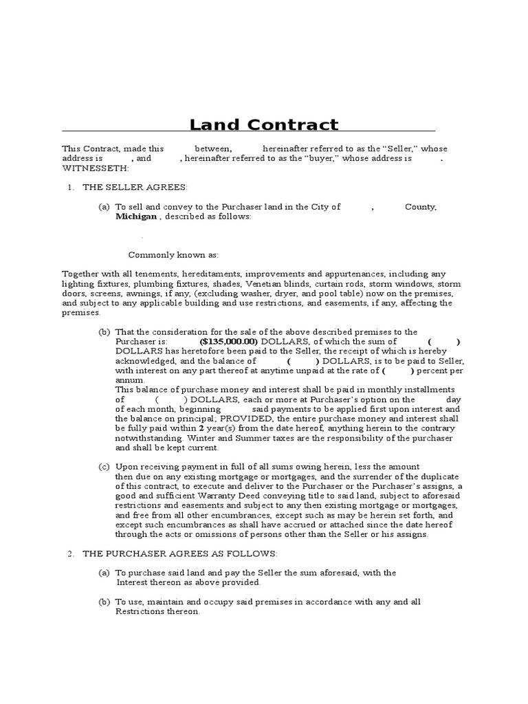 Land Contract Blank | Download Free PDF | Mortgage Law | Assignment (Law)
