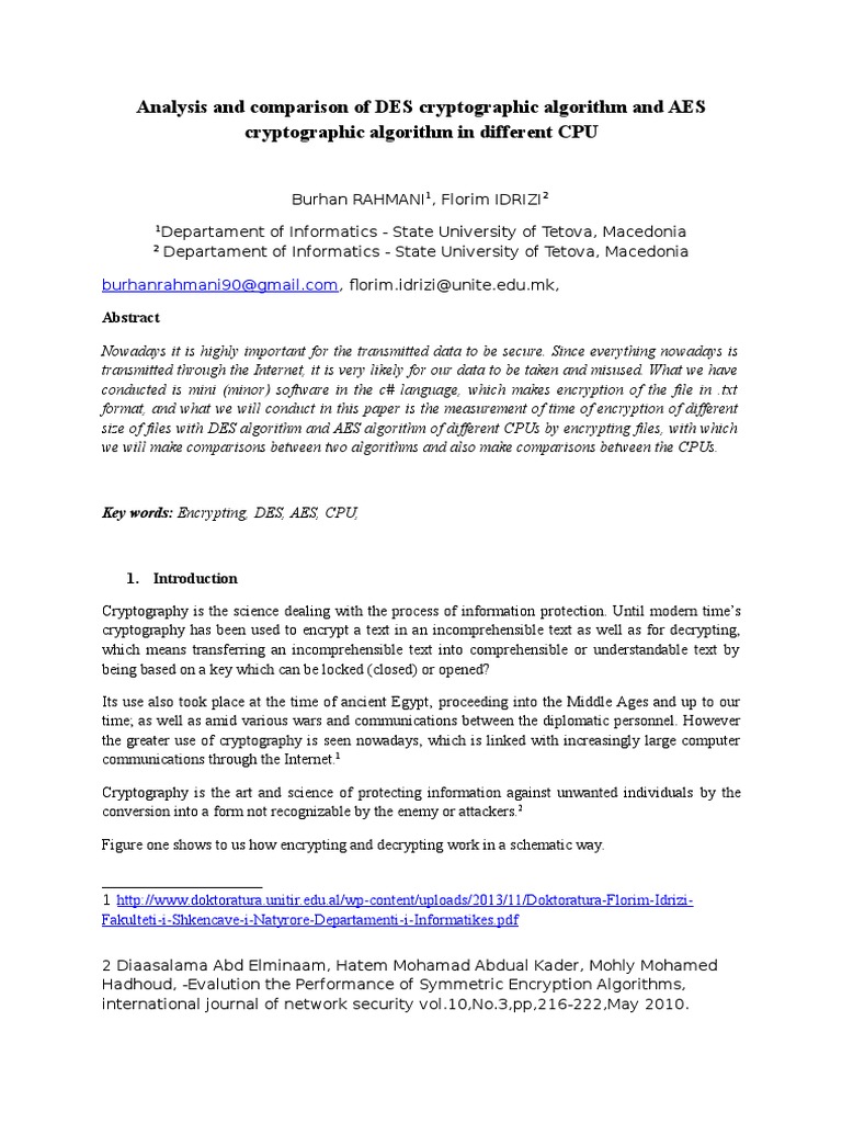 Analysis And Comparison Of Des Cryptographic Algorithm And Aes Cryptographic Algorithm In