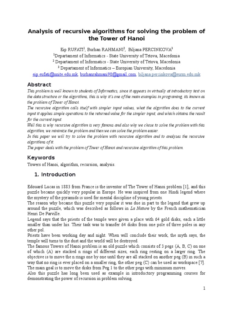Analysis Of Recursive Algorithms For Solving The Problem Of The Tower Of Hanoi Pdf Discrete