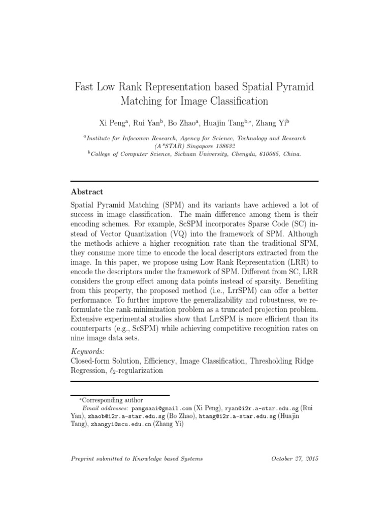 An Efficient Low Rank Representation Approach for Image Classification using Spatial Pyramid ...