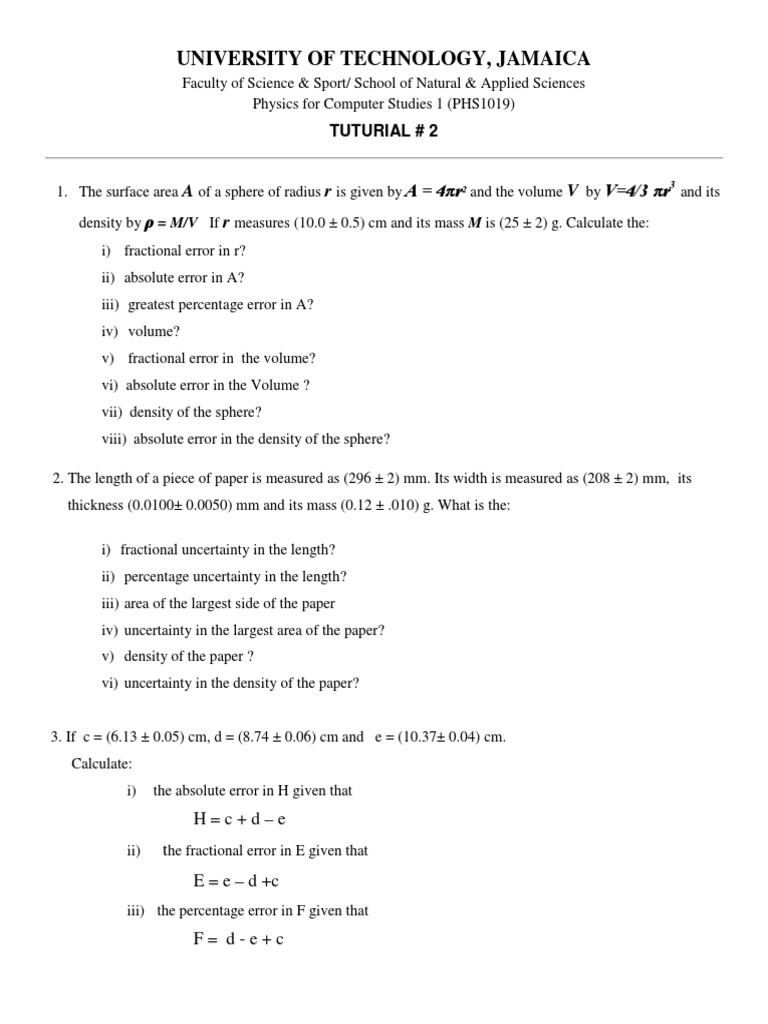 Tutorial 2 Error Analysis Pdf Density Volume 5719