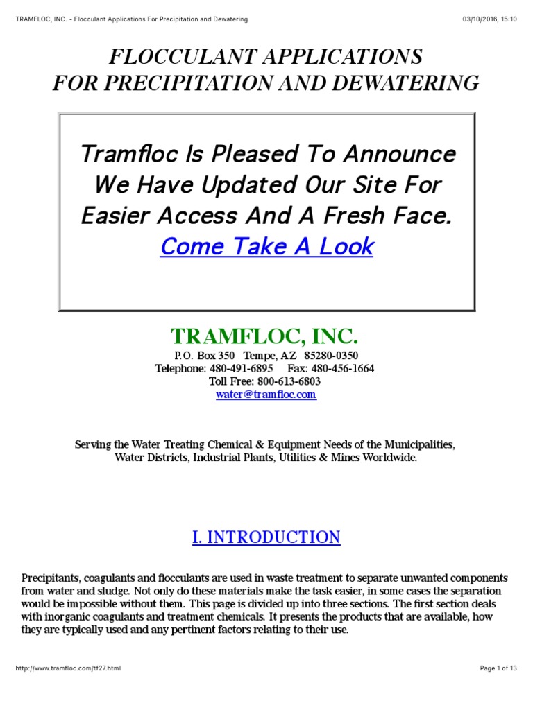 TRAMFLOC, INC. - Flocculant Applications For Precipitation and Dewatering PDF | PDF | Polymers ...