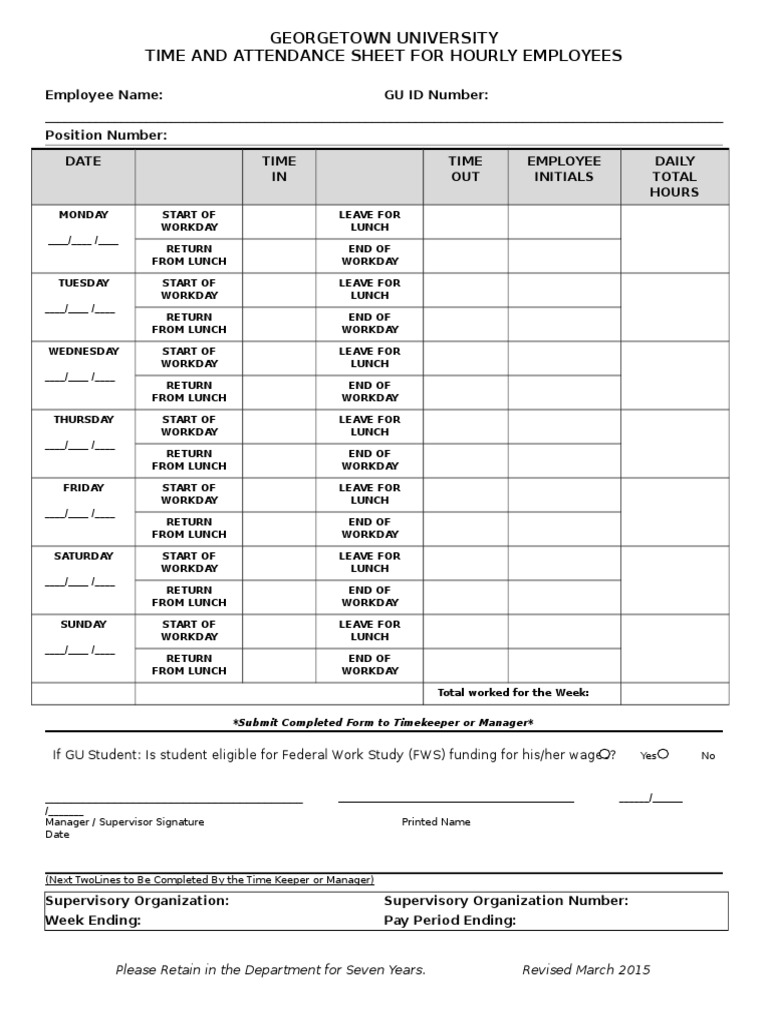Georgetown University Time and Attendance Sheet For Hourly Employees | PDF