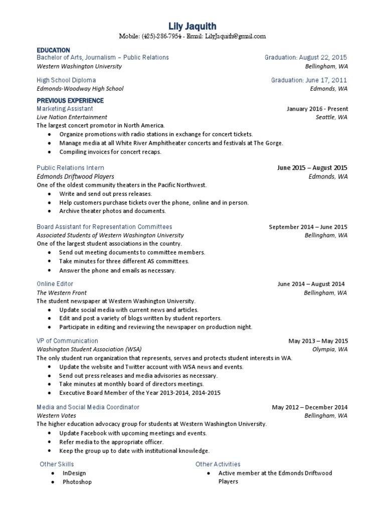 Lily Jaquith: Marketing & PR Profile | PDF