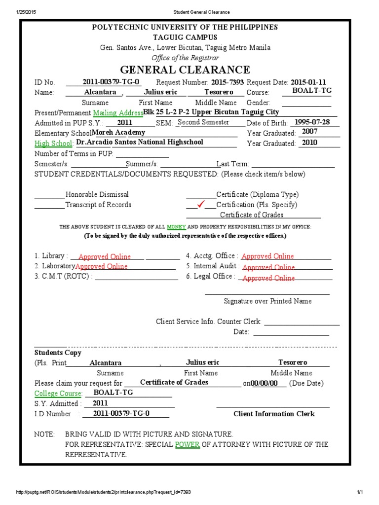 PUP Taguig Campus General Clearance Form | PDF