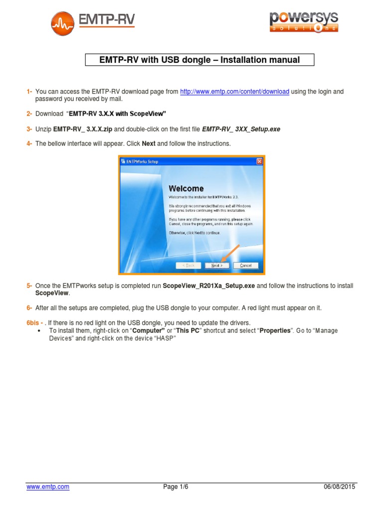 EMTP-RV Dongle Installation Guide | PDF | Installation (Computer ...