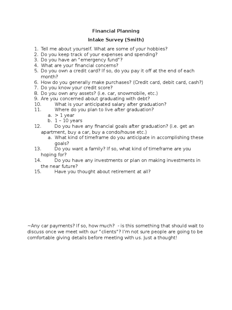 Financial Planning Intake Survey Guide | PDF | Credit Card | Banking