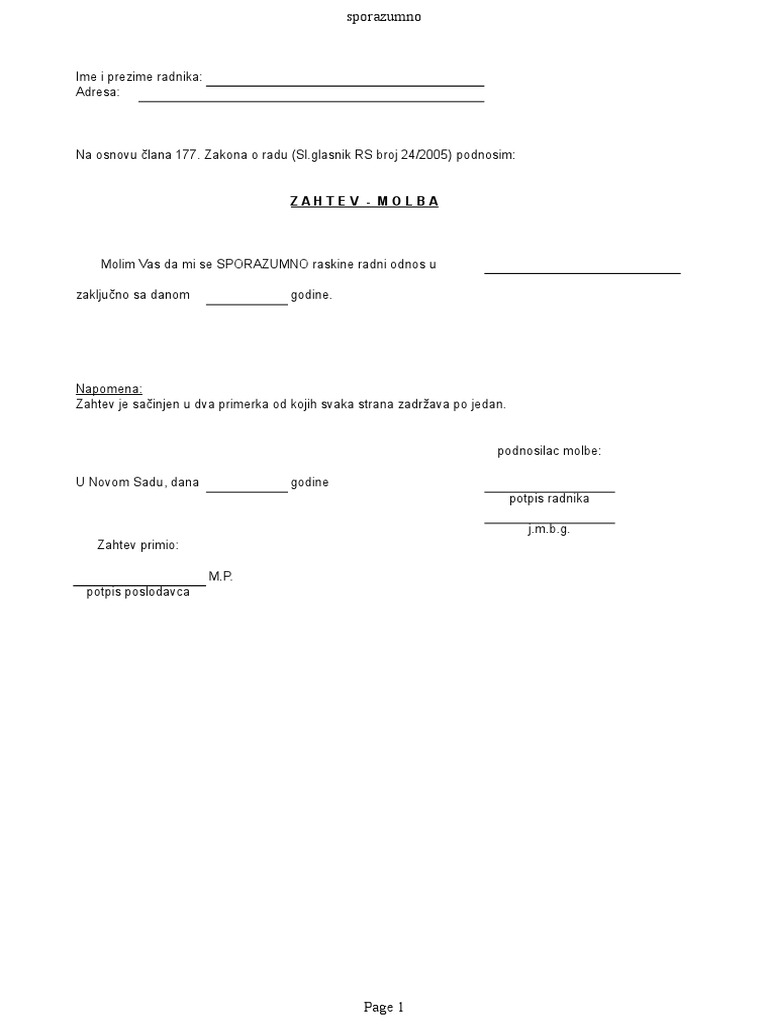 Zahtev Radnika Za Raskid Radnog Odnosa | PDF