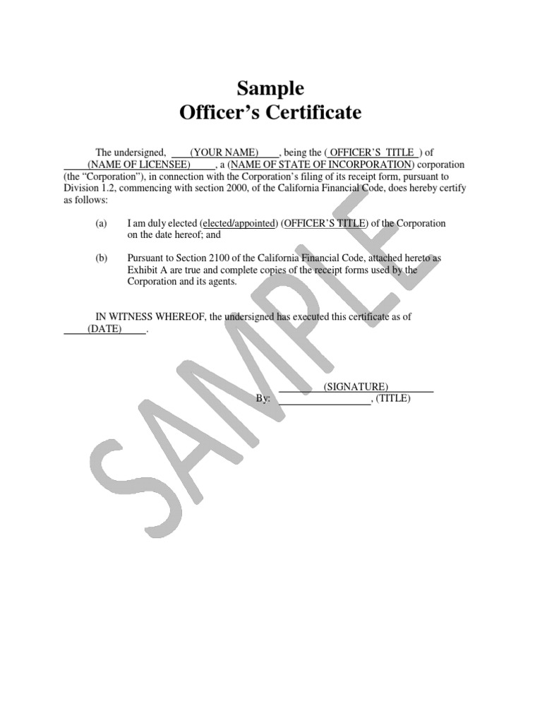 Sample Officer’s Certificate Template | PDF | Finance & Money Management