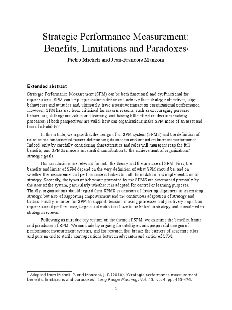 Strategic Performance Measurement Pdf Strategic Management Innovation