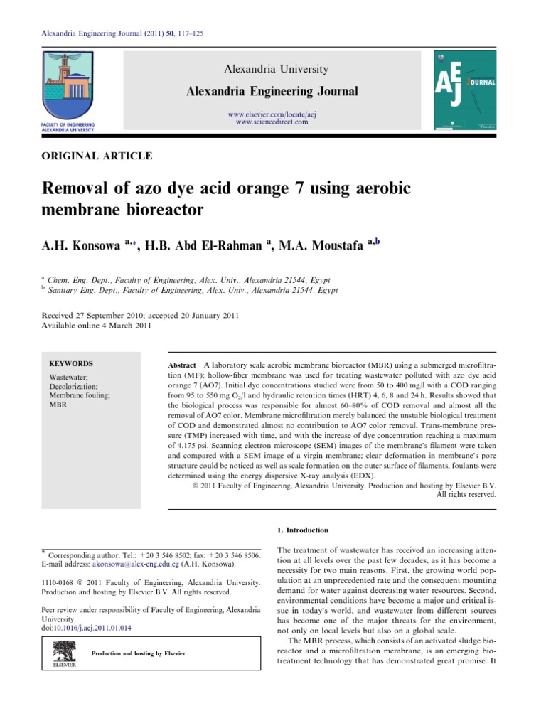 Removal or Azo Dye Acid Orange Alejandria University | PDF | Membrane ...