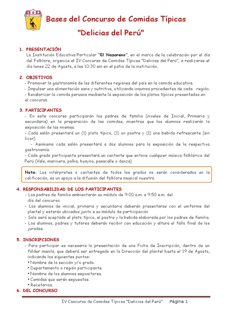 Bases Del Concurso de Comidas Típicas | PDF | Perú | Educación avanzada