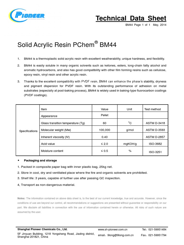 Solid Acrylic Resin Pchem Bm44: Technical Data Sheet | PDF