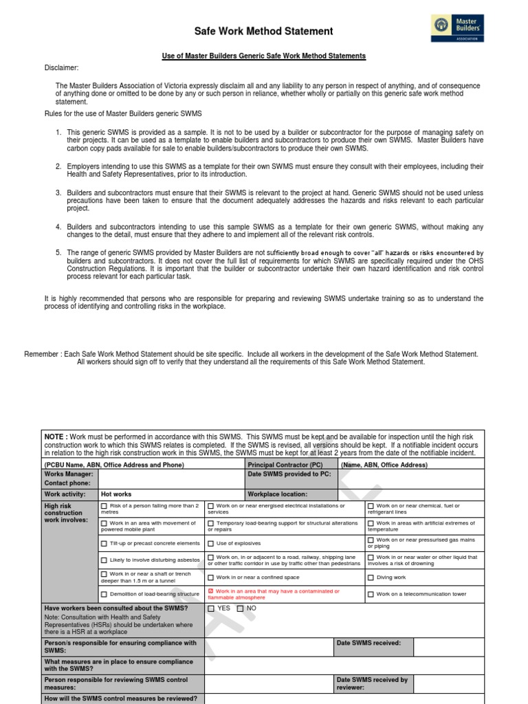 Use of Master Builders Generic Safe Work Method Statements | PDF