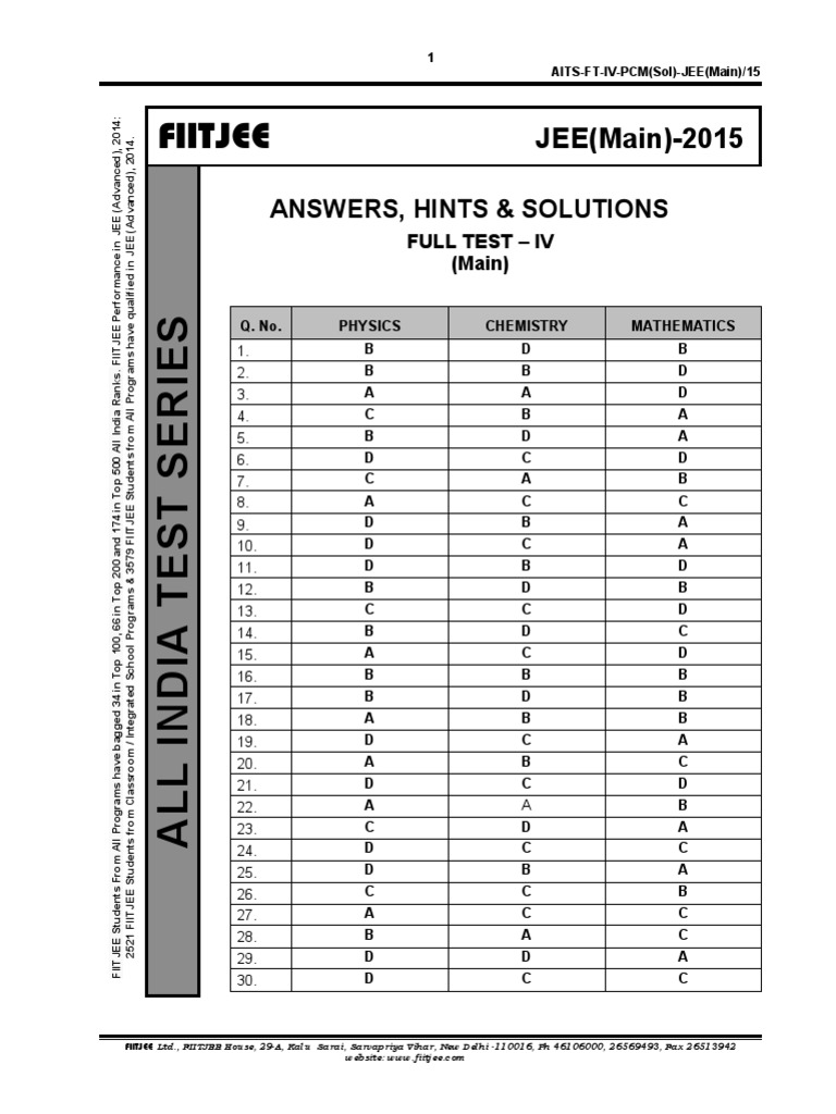 Fiitjee: Answers, Hints & Solutions | PDF | Series And Parallel ...
