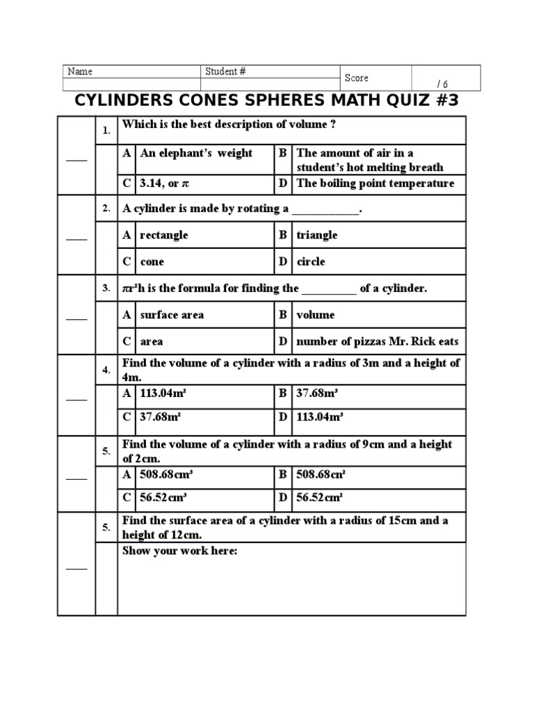 Cylinder Volume and Surface Area Quiz | PDF