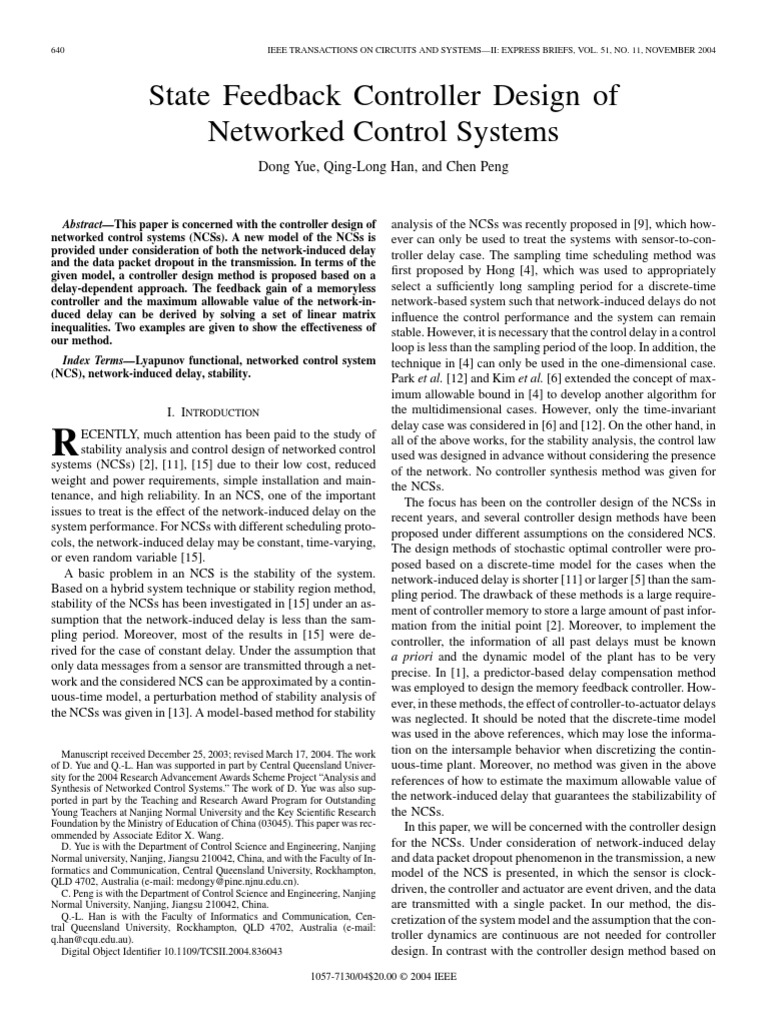 State Feedback Controller Design of Networked Control Systems | PDF | Control Theory | Matrix ...
