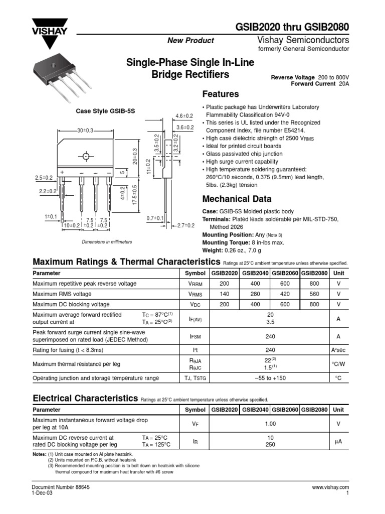 GSIB 2080 Bridge Rectifiers 20A 200-800V | PDF | Rectifier | Printed ...