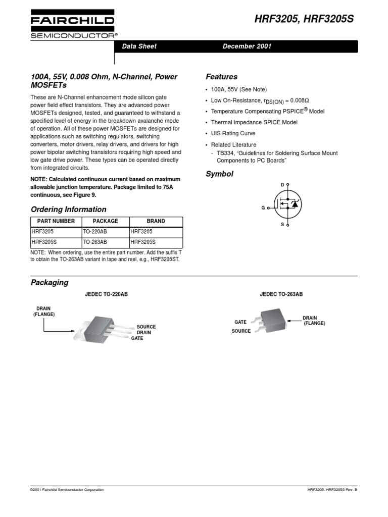 HRF3205 100A, 55V, 0.008 Ohm, N-Channel, Power | PDF | Field Effect Transistor | Mosfet