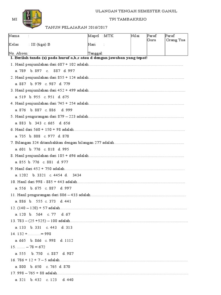 Uts 1 MTK Klas 3 B | PDF