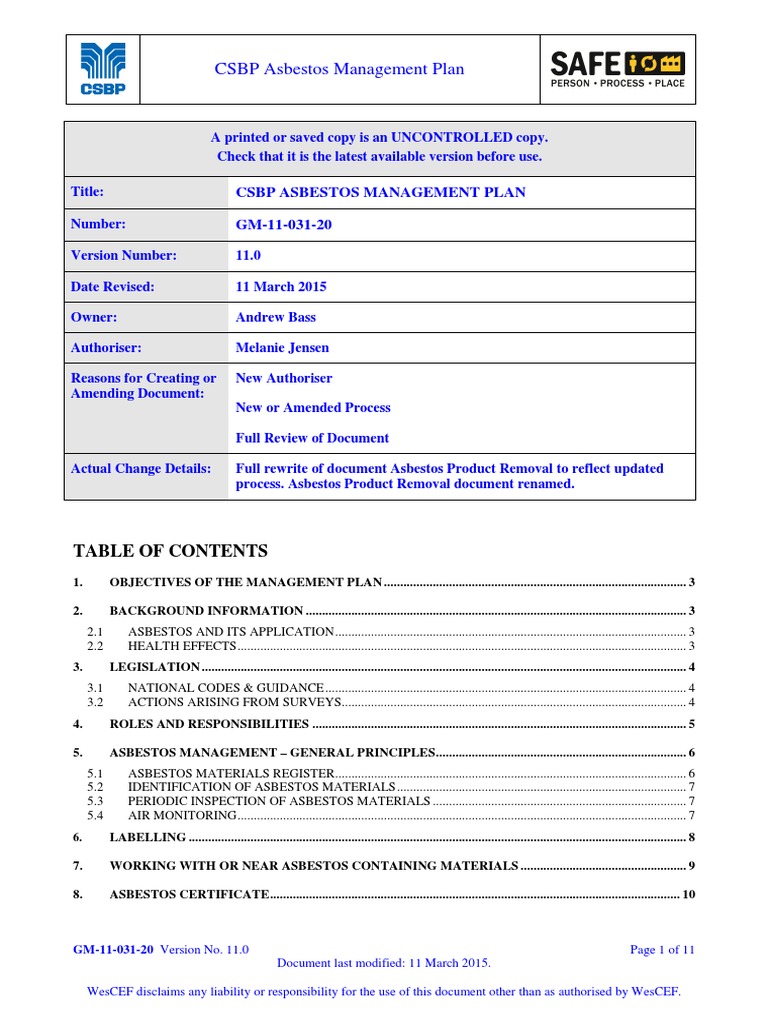 CSBP Asbestos Management Plan | PDF | Asbestos | Wellness