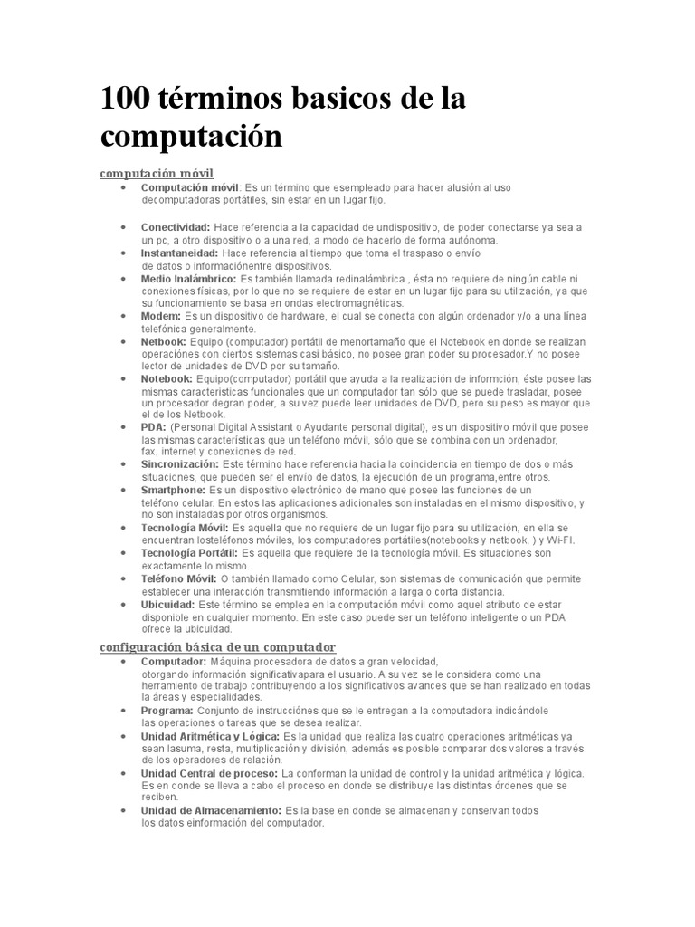 100 Términos Basicos de La Computación | Periférico | Memoria del ordenador