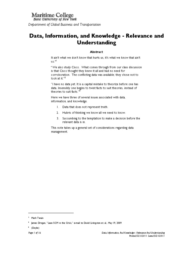 Data, Information, and Knowledge - Relevance and Understanding | PDF ...