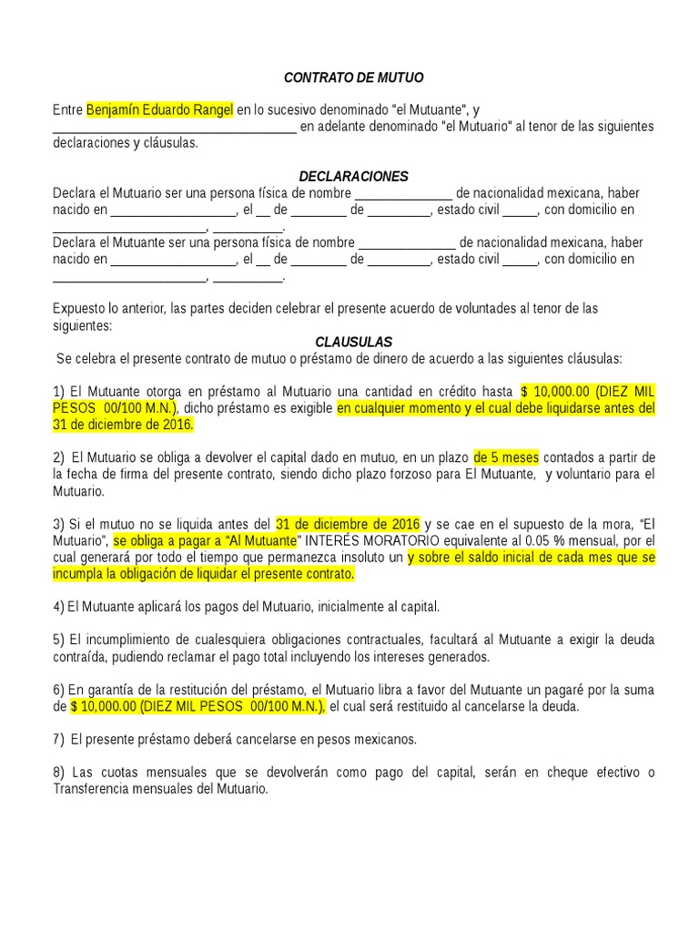 Contrato de Mutuo Con Interes y Garantia de Pagare Para Benjamon ...