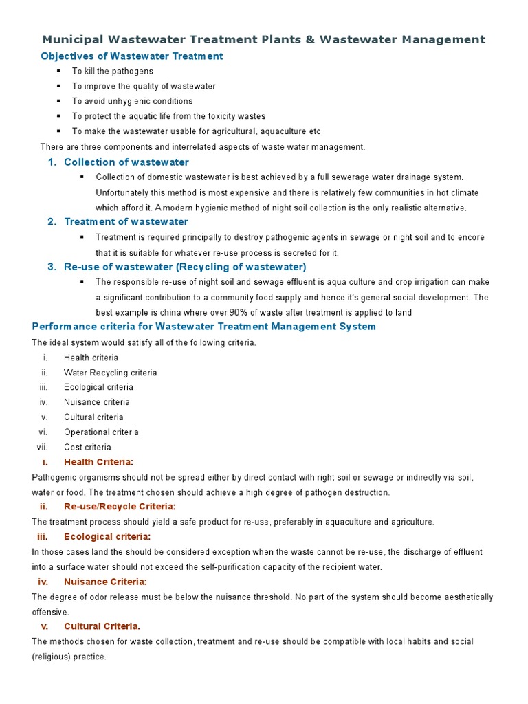 Municipal Wastewater Management Notes | PDF | Sewage Treatment | Wastewater