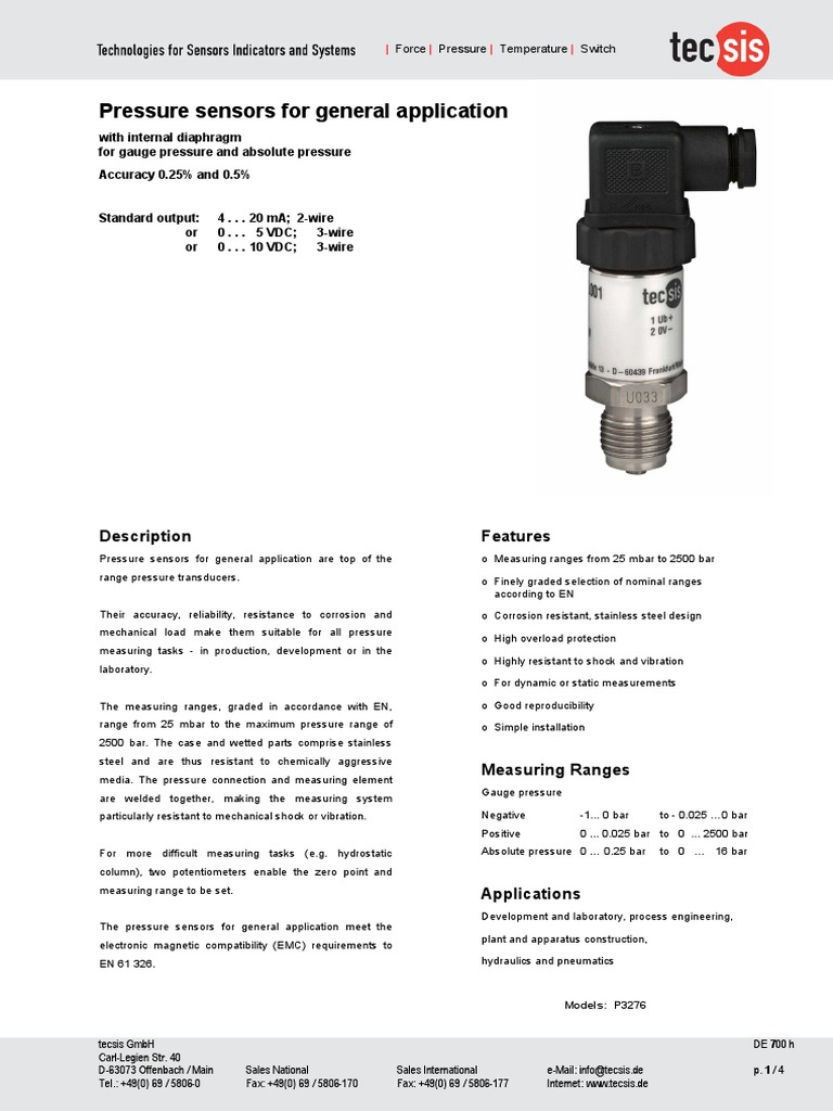 Tecsis P3276 Pressure Sensor Overview | PDF | Pressure Measurement ...