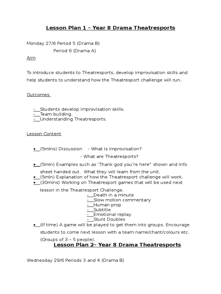 Year 8 Theatresports Lesson Plan | PDF | Improvisation | Lesson Plan