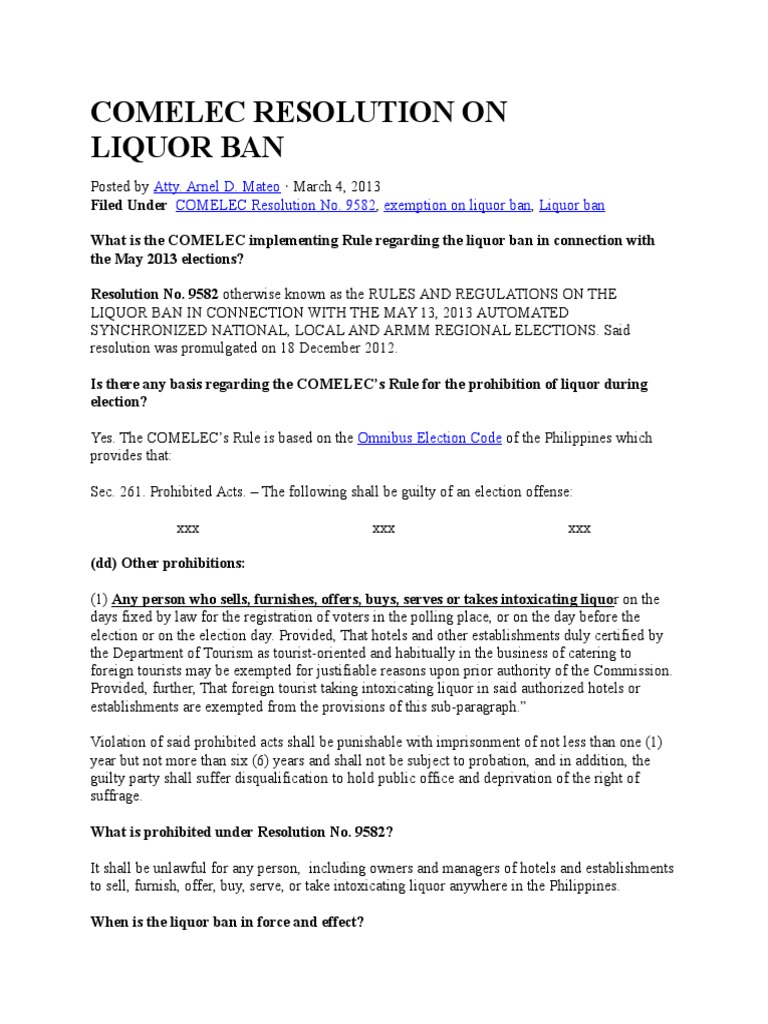 Comelec Resolution On Liquor Ban | PDF | Commission On Elections ...