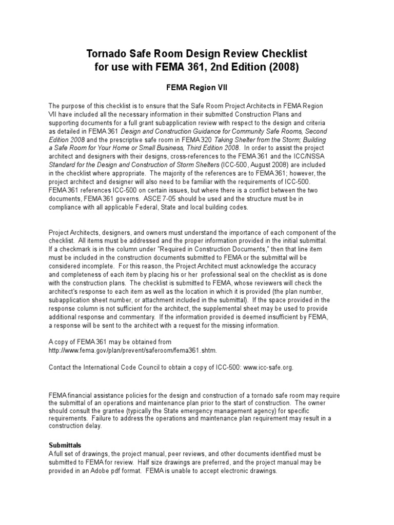 3d FEMA Safe Room Designer Checklist - 1 | PDF | Federal Emergency ...