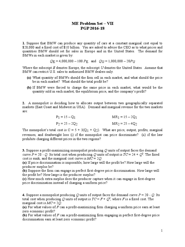 ME Problem Set-7 | PDF | Monopoly | Price Discrimination