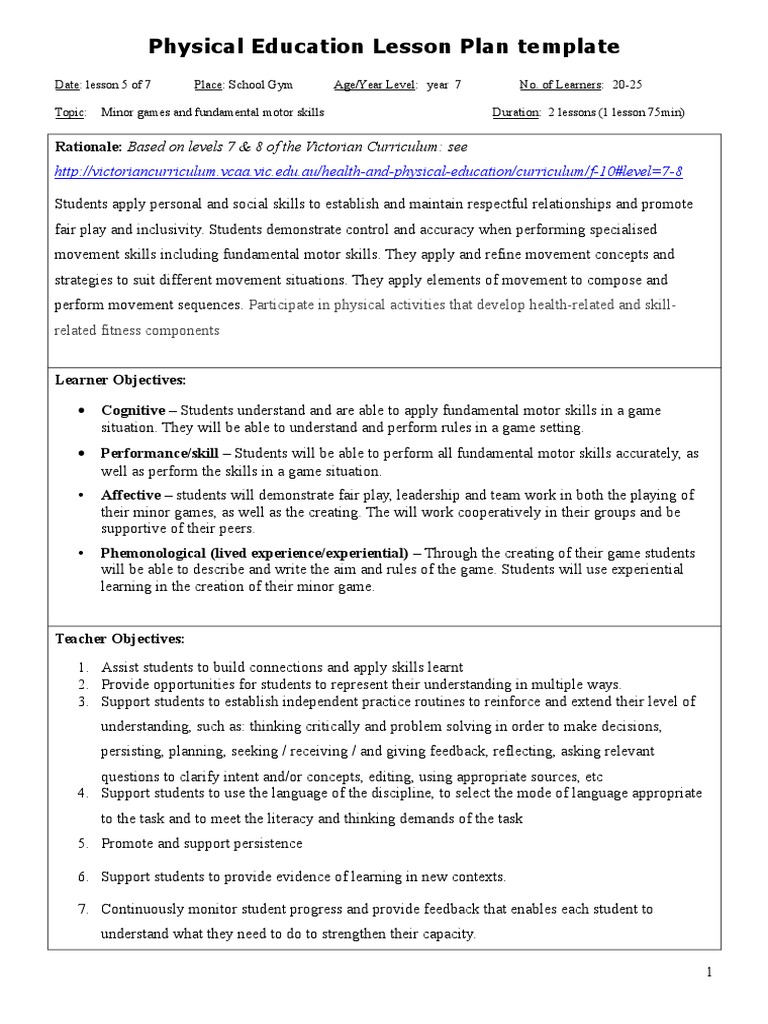 lesson plan template minor games | Lesson Plan | Teachers