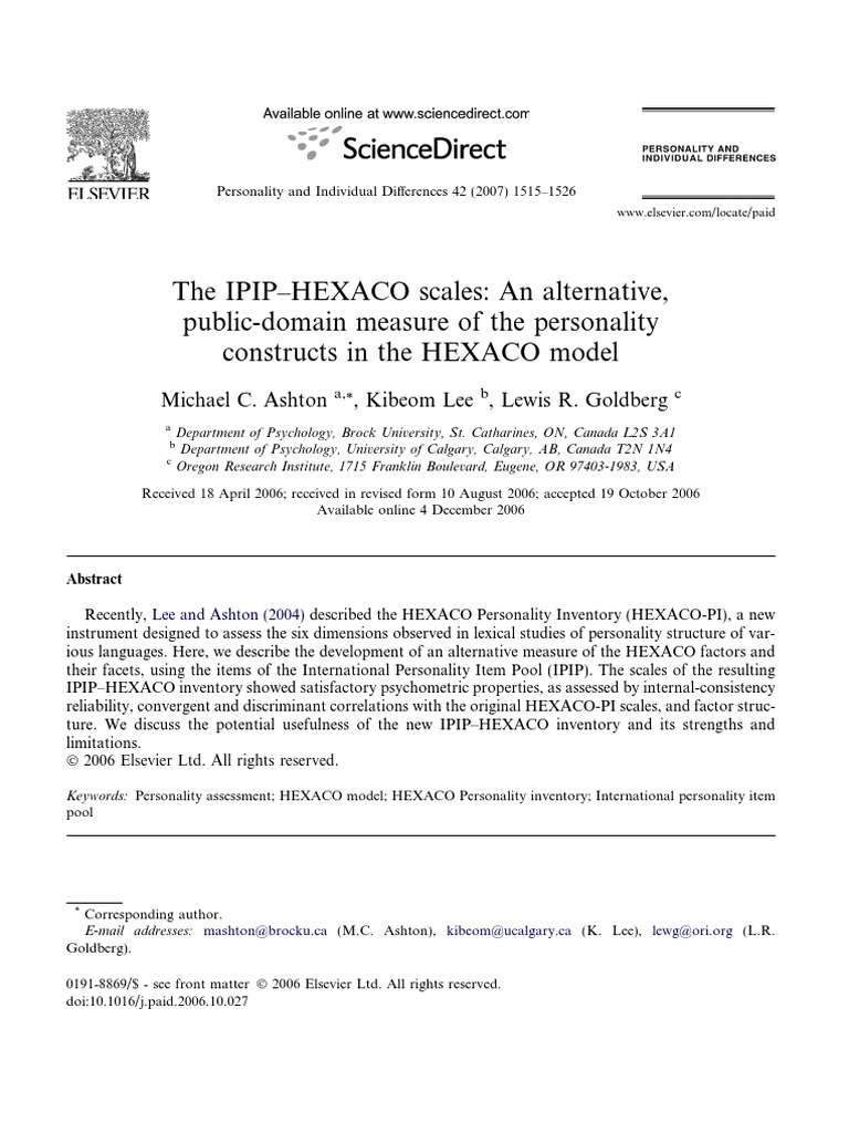 The IPIP-HEXACO Scales: An Alternative, Public-Domain Measure of The ...